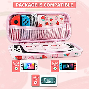 FUNDIARY Cute Strawberry Carrying Case for Nintendo Switch and Switch OLED, Cute Travel Accessories Bag for Switch and Switch OLED, Case with Adjustable Shoulder Strap and 2 Strawberry Thumb Caps