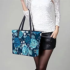 Womens Handbag Flowers Blue Leather Tote Bag Top Handle Satchel Bags For Lady