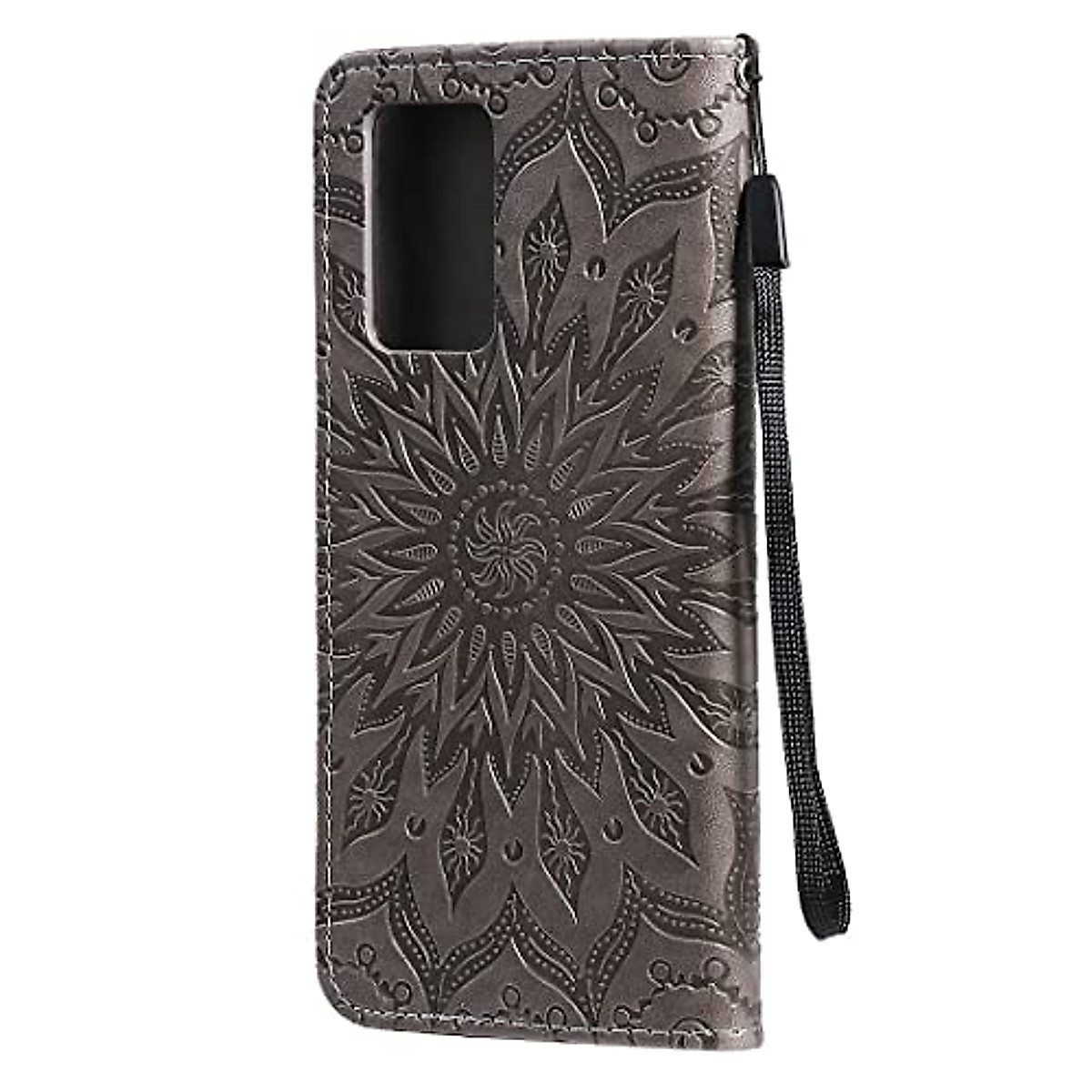 SATURCASE Case for Oppo Reno 6 Pro 5G, Sun Flower Embossing PU Leather Flip Magnet Wallet Stand Card Slots Protective Cover with Hand Strap for Oppo Reno 6 Pro 5G (Gray)