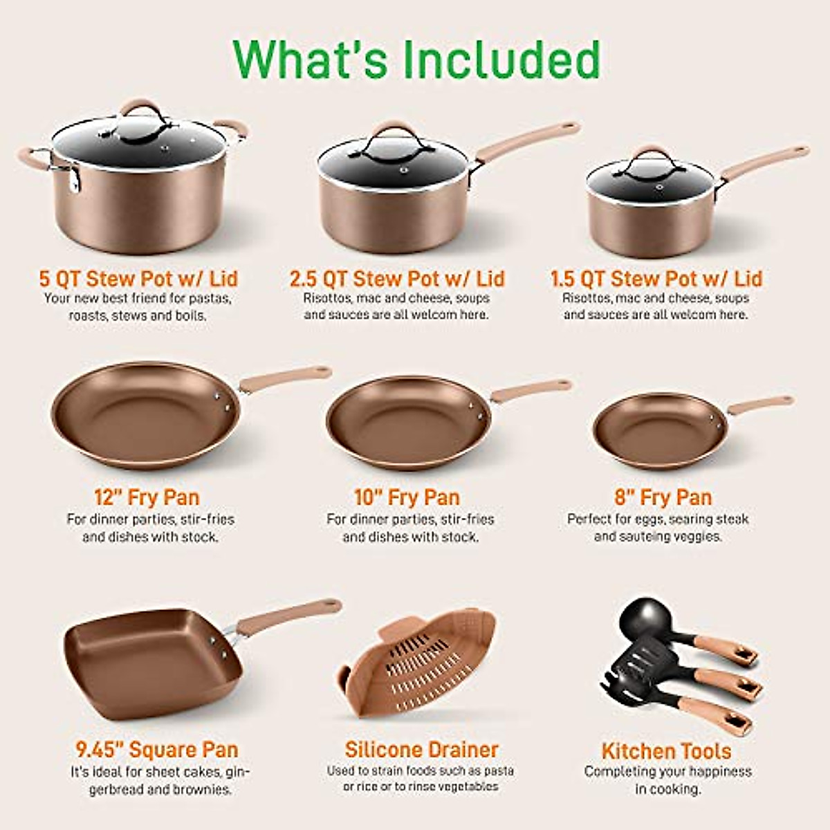NutriChef 20-Piece Nonstick Kitchen Cookware Set - PTFE/PFOA/PFOS-Free Heat Resistant Kitchen Ware Pots Baking Pan Set w/Saucepan, Frying Pans, Cooking Pots, Oven Pot, Lids, Matt Gold NutriChef