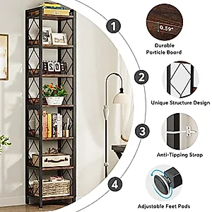 Tribesigns 78.7 Inch Extra Tall Narrow Bookshelf, 7 Tier Skinny Bookcase for Small Spaces, Freestanding Display Shelves, Multifunctional Corner Storage Organizer for Home Office, Rustic Brown