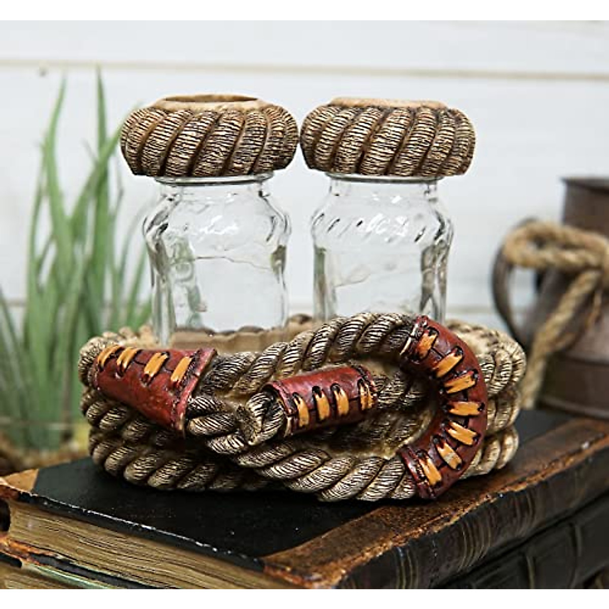 Set Of 1 Cowboy Braided Lasso Ropes Salt And Pepper Shakers W/Holder Set