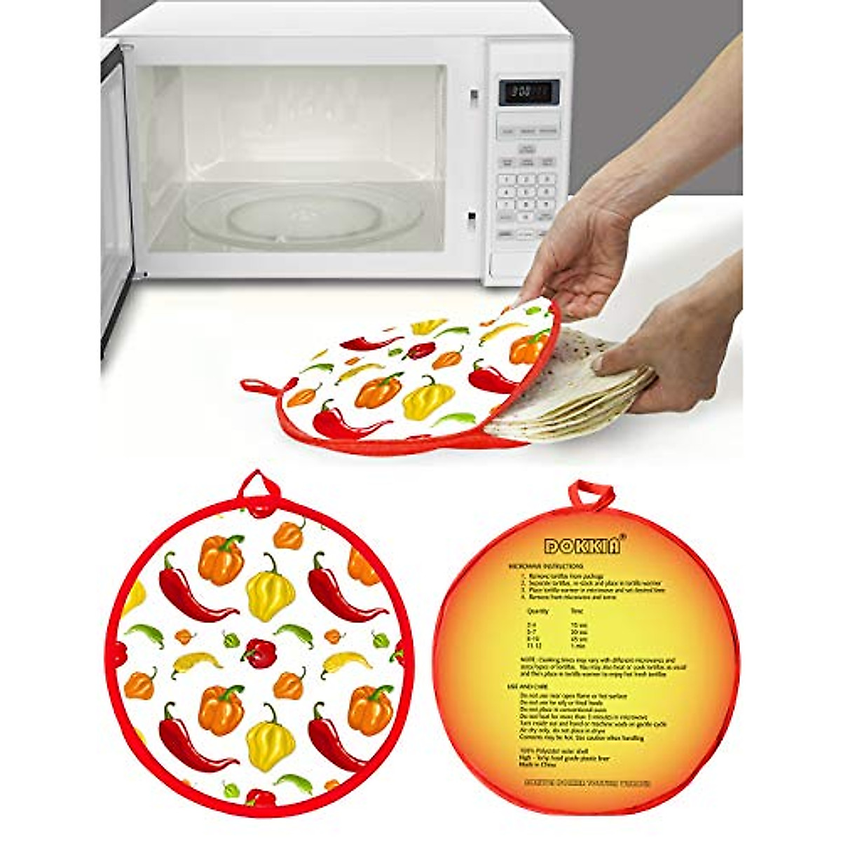 SOKKIA Tortilla Warmer Taco 12 Inch Insulated Cloth Pouch - Microwave Use Fabric Bag to Keep Food Warm and Fresh (Hot Red Chili Pepper Carnival White)