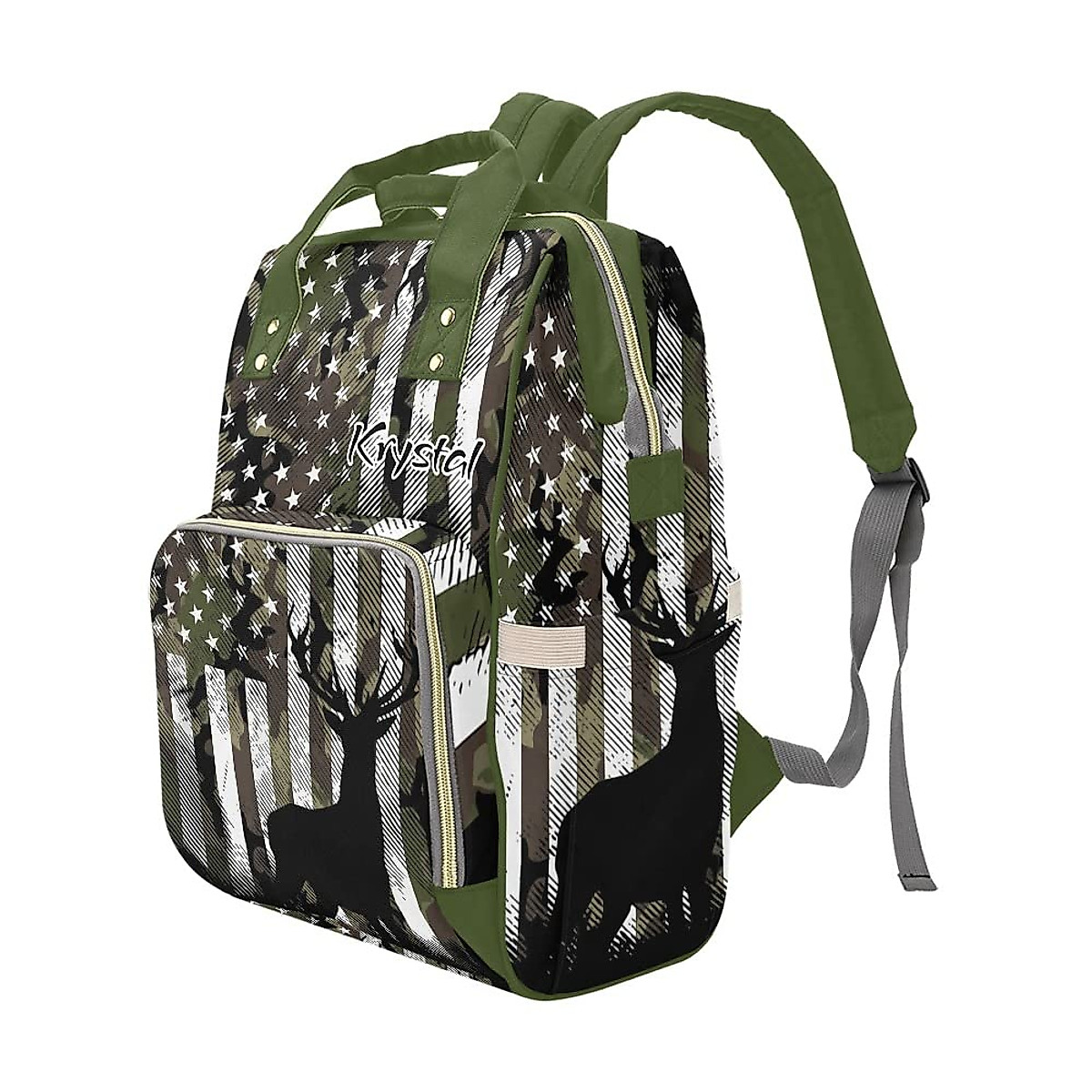 XOZOTY Camo American Flag Deer Antlers Diaper Bags with Name Waterproof Mummy Backpack Nappy Nursing Baby Bags Gifts Tote Bag for Women
