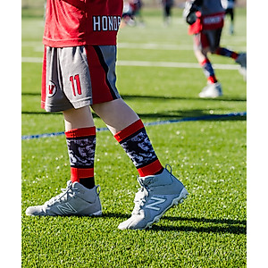 MadSportsStuff Lacrosse Socks with Player on Camo Background Crew Socks (Red/Black, Large)