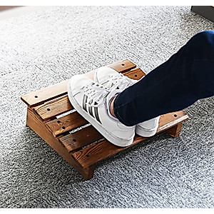OwlGift 15-Inch Rustic Ergonomic Foot Stool for Under Desk at Work, Solid Brown Wood Footrest W/ Tilted Design, Angled Posture Support Stool W/ Slatted Design for Home, Office Chairs, PC Gaming