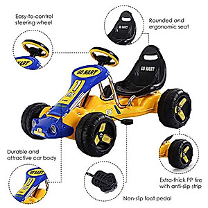 Costzon Kids Pedal Go Kart, 4 Wheel Ride on Car, Pedal Powered Ride on Toys for Boys & Girls with Adjustable Seat, Pedal Cart for Kids 37"× 24.8"× 20.1" (Yellow)