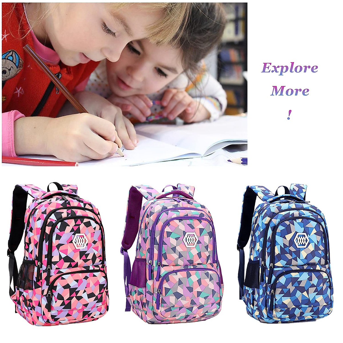 Bansusu Geometric Print Kids Backpack for Girls Boys School Bag Bookbags