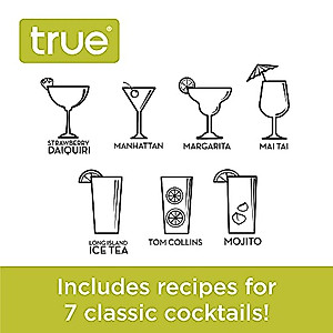 True Maraca Cocktail Recipe Shaker with Cap and Built In Strainer, 7 Drink Recipes with Measurements, Home Bar Accessories, Drink Mixer Handheld Bar Set, 16 oz.