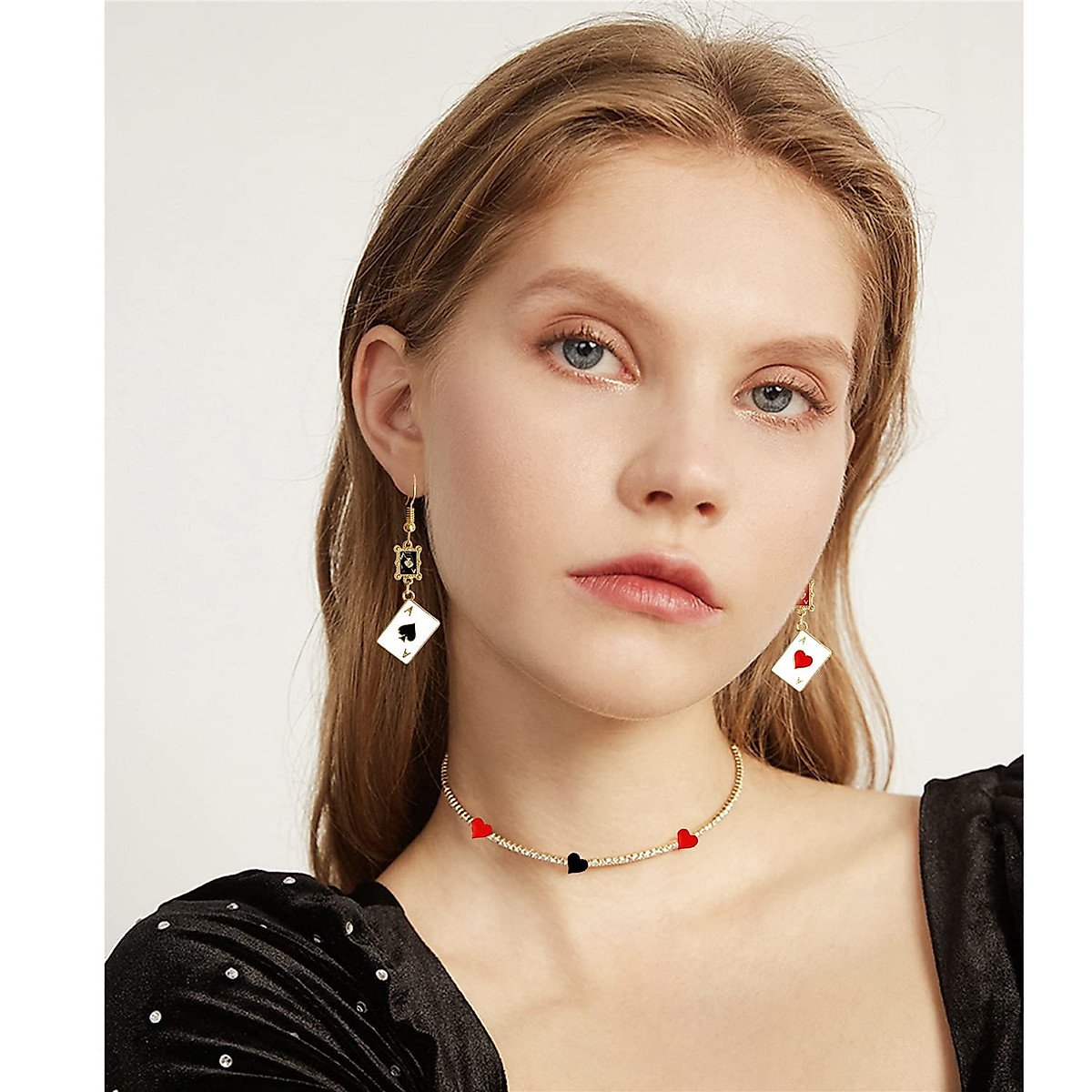 JIUIQL Unique Funny 18K Gold Plated Hypoallergenic Long Poker hearts and spades A Ace Playing Cards Dangle Drop Stud Earrings For Women Gambling Casino Jewelry Gift (Red Black)