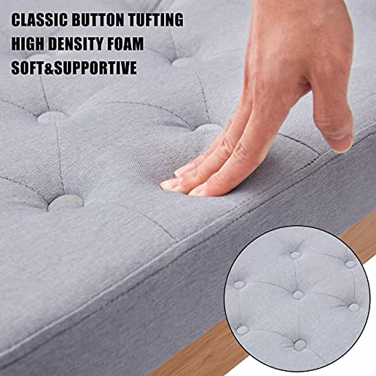 Tbfit Extra-Long Upholstered Tufted Bed Bench Seat for Bedroom, Entryway Wood Bench with Sturdy Wooden Legs, Buttoned Vanity Rectangle Dining Bench(Grey)