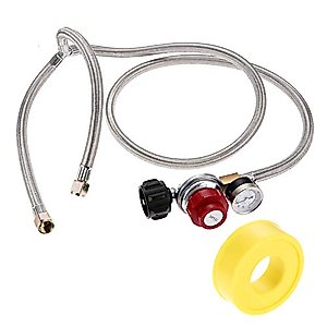 Aupoko Adjustable Propane Regulator Stainless Braided Hose 0-30 PSI with Gauge, 2 Y-Splitter Hose QCC1/Type1 to 3/8" Female Flare Fitting, for Heaters/Grills, Fire Pit High Pressure Regulator Valve