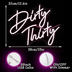 Alkkign Dirty Thirty Neon Sign 30th Birthday Party Neon Signs Dimmable Pink Letter LED Neon Lights USB Powered with Switch for Bedroom Wall Decor Bar Club Hotel Restaurant Party Wall Hanging Decoration