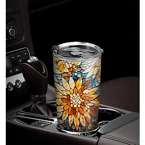 ORCAE 20oz Beautiful Colorful Daisy Flower, Stained Glass Style Flowers, Yellow Flower Tumbler Cup, Insulated Travel Mug with Lid, Coffee Thermos for Men, Women, Gifts for Women - C