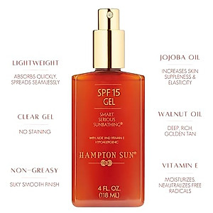 Hampton Sun SPF 15 Classic Sun Gel Ultra-Hydrating Luxury Sunscreen Gel Anti-Aging Antioxidant Blend of Jojoba Oil, Vitamin E + Aloe Vera Silky, Lightweight Finish Broad Spectrum UVA/UVB