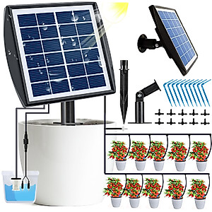 Solar Auto Irrigation System, Solar Powered Drip Irrigation Kit with 2200mAh Battery & 6 Timer Modes, NVRGIUP Indoor Outdoor Automatic Self Watering System for 10 Potted Plants in Green House, Garden