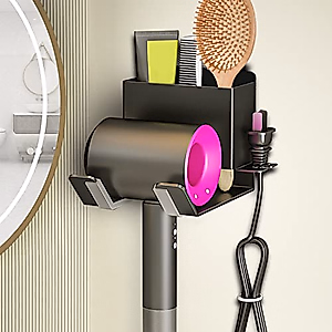 UEMUSI Hair Dryer Holder Wall Mounted,Self Adhesive Hair Tool Organizer Storage Blow Dryer Holder Rack for Hair Dryer Stand with Plug Hook,Hair Styling Care Tool Organizer for Bathroom Black