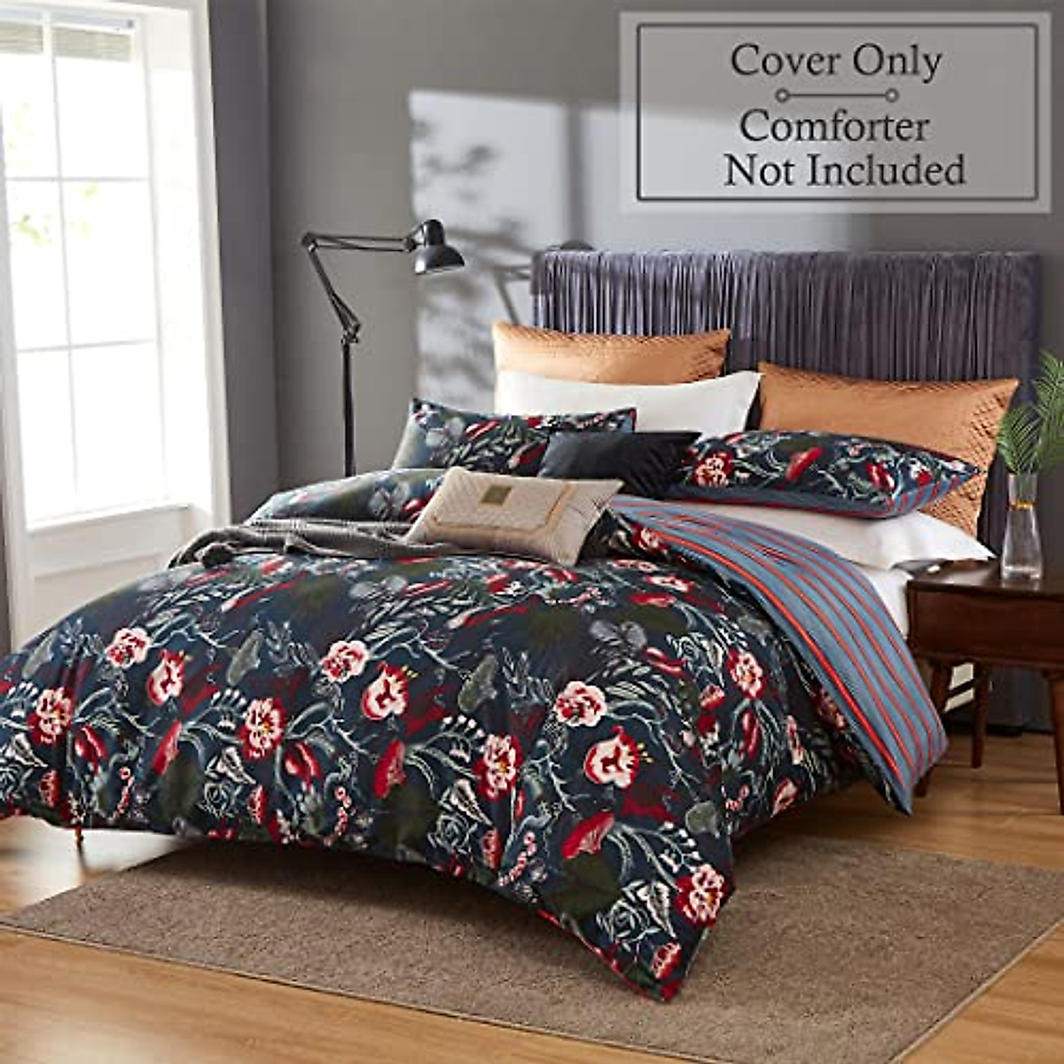 LAMEJOR Duvet Cover Set Queen Size Red Floral/Striped Bedding Set Comforter Cover (1 Duvet Cover+2 Pillowcases)