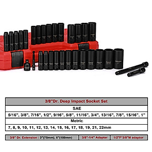 CASOMAN 3/8-Inch Deep Impact Socket Set, Metric & SAE, 31Piece Socket Set, CR-V, Includes Extension Bar (3, 6-inch) & Adapters, Heavy Duty Storage Case