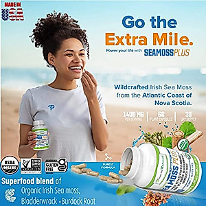 Power By Naturals USDA Organic Sea Moss Plus Bladderwrack and Burdock Root Capsules for Gut Health, Immune Support & Thyroid Supplement (Pure, No Fillers, Wildcrafted Irish SeaMoss Pills) 60Ct.