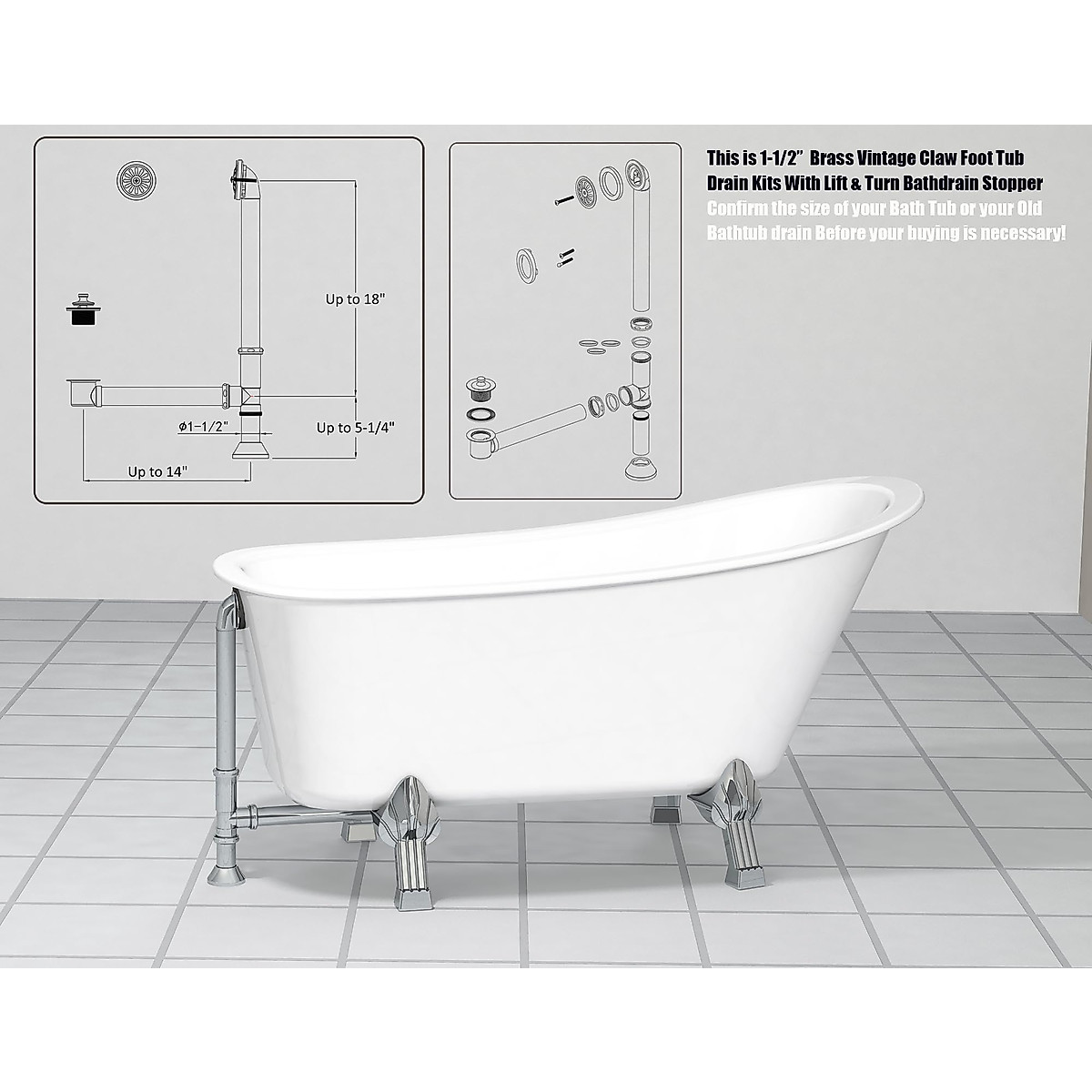 Artiwell Vintage Claw Foot Tub Drain Kit with Lift and Turn Bath Drain Stopper, 1-1/2" Brass Tubular Leg Tub Bathtub Waste and Overflow Drain Assembly with Drain Plug and Bathtub Overflow Cover