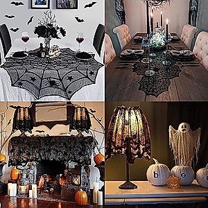 7 Pack Halloween Decorations Indoor Set- Halloween Fireplace Mantel Scarf&Spider Table Runners&Round Tablecloth&Halloween Banner&Cobweb Lampshade&Coasters&3D Bat Sticker for Halloween Party Decors (F)