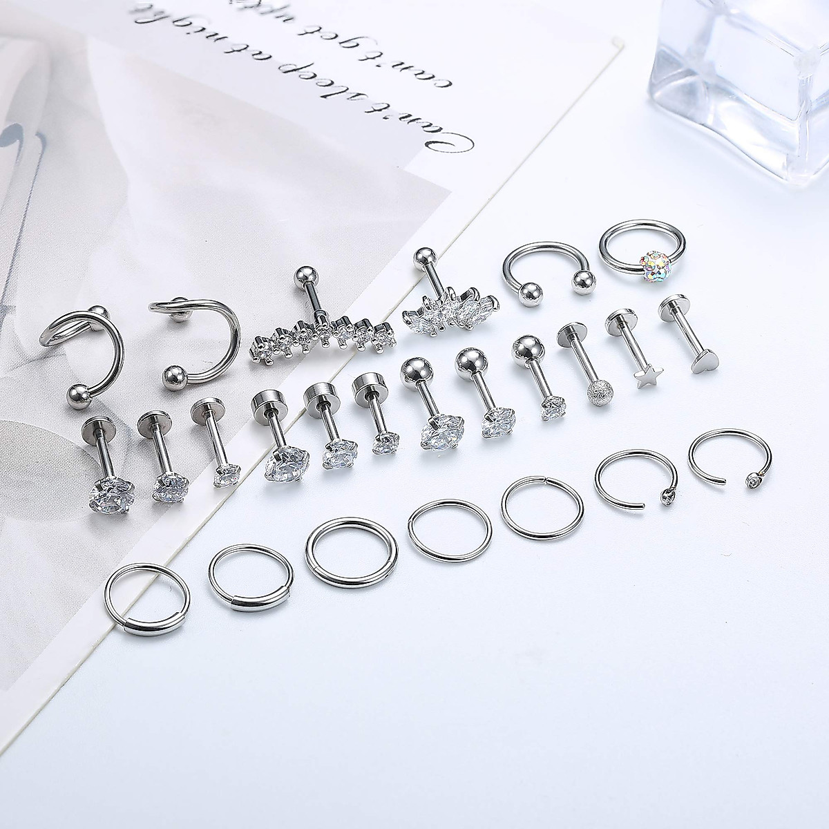 LOYALLOOK 25Pcs Cartilage Earrings Hoop Studs for Women 16-20G Labret Flat Ball Back Earrings Daith Tragus Helix Earrings