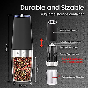SimCoker Gravity Electric Salt and Pepper Grinder Set, Automatic Salt and Pepper Grinder Set Battery Operated, Adjustable Coarseness with LED Light, One Hand Automatic Operation, Spoon, Black, 2 Pack