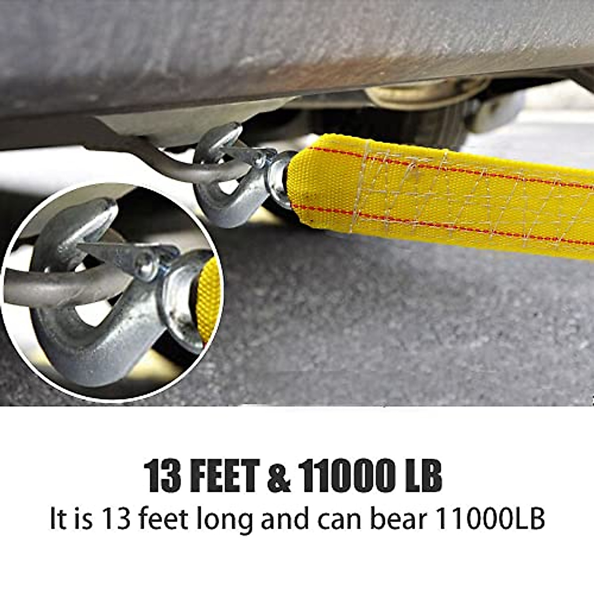 Heavy Duty Tow Strap with Safety Hooks | 1.8” x 13’ | 11000 LB Capacity , Tow Rope Yellow Shackle for Vehicle Recovery, Hauling, Stump Removal & Much More,Best Towing Accessory for Car