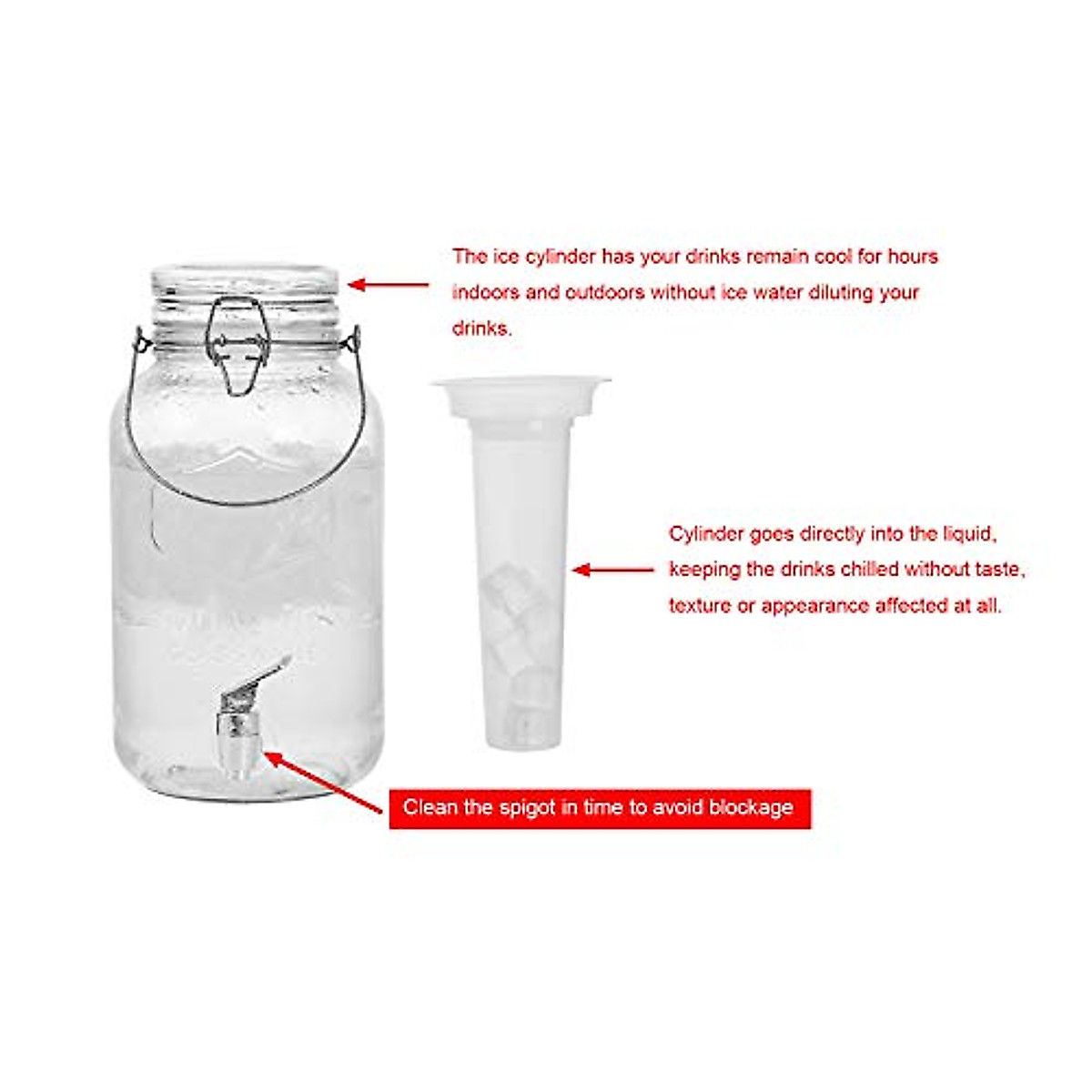 Emica Home 1 Gallon Cold Drink Glass Beverage Dispenser with Ice Infuser, Clear Bail & Trigger with Locking Clamp Drink Dispenser with Easy Flow Spigot for Outdoor, Parties and Daily Use