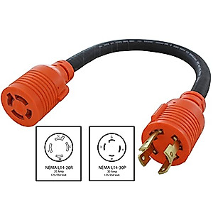 AC WORKS 30Amp 4 Prong 125/250Volt L14-30P Locking Plug to L14-20R 20Amp 4 Prong 125/250Volt Locking Female Generator Adapter (Flexible)