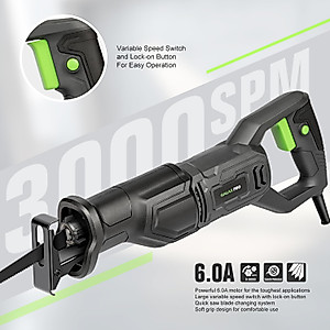 GALAX PRO 120V Reciprocating Saw, 6.0 Amp Variable Speed Corded Reciprocating Saw with 4/5" Stroke Length, 0-3000SPM and 6" Max for Wood, Metal, PVC Pipe Cutting