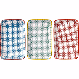 Bloomingville Ceramic Plates rectangular Carla - colorful Serving Dish L 7.5'' W 4.75'', red blue green, Stoneware, Set of 3 Styles