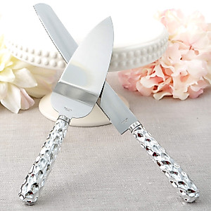 FASHIONCRAFT Hammered Design Handle Cake Knife and Server Set – Wedding Favor, One Size, Stainless Steel Blades with Shiny Silver Handles