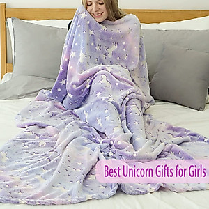 Glow in The Dark Throw Blanket for Kids, Unicorn Super Soft Flannel Blanket for Girls, Best Christmas Birthday Thanksgiving Magical Gifts for Girls Kids(50'' x 60'', Purple)