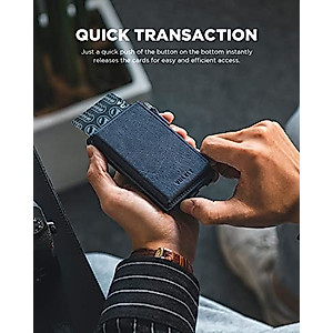 VULKIT Credit Card Holder with Leather Zipper Pocket Pop up wallet RFID Blocking Slim Metal Card Case for Men or Women(Navy)