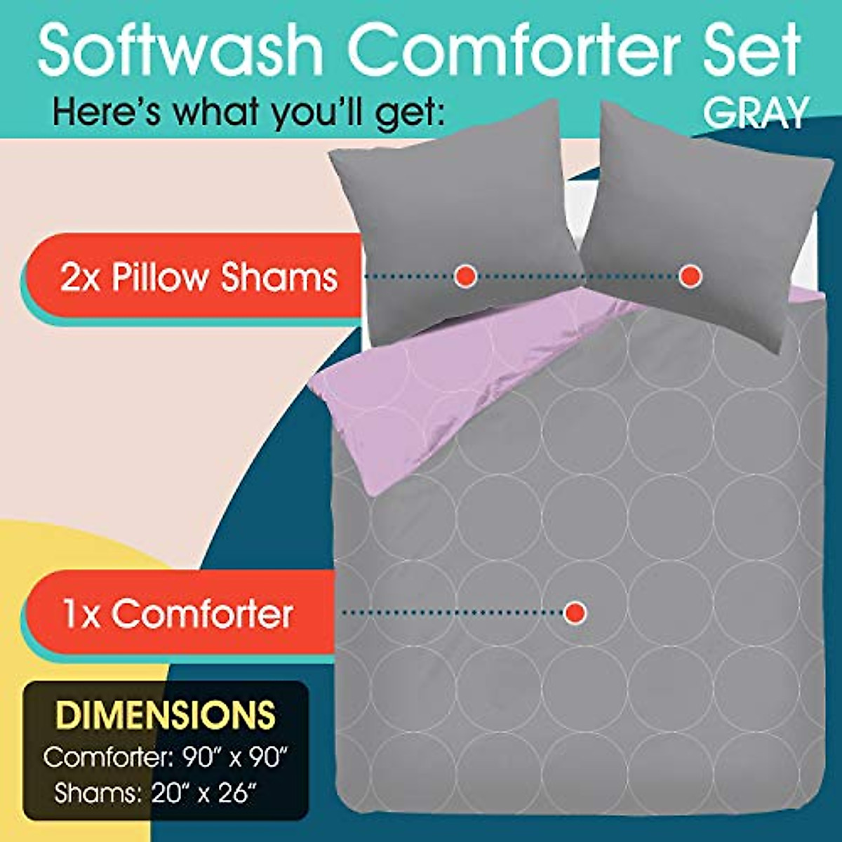 Refinery29 | Devon Bedding Collection | Modern Reversible Luxury Ultra Soft Comforter, All Season Premium 4 Piece Set, Design for Home Hotel Décor (Full/Queen, Grey)