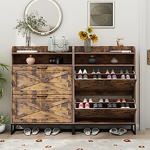 Gyfimioe Rattan Shoe Cabinet with 2 Flip Drawers, Slim Shoe Storage Cabinet for Entryway Freestanding Shoe Organizer Narrow Farmhouse Shoe Rack (Rustic Brown)