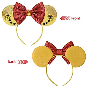 Eisyaa Yellow Winnie Minnie Ears Red Bow Headband, Sparkle Mouse Ears Headbands, Sequin Mice Ears Headband Princess Decoration Cosplay Costume (Winnie/Yellow)