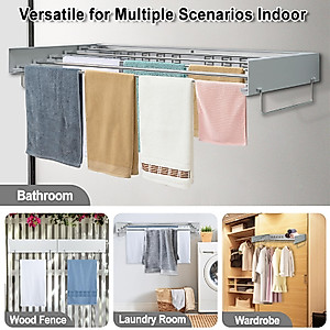 CROSDE Clothes Drying Rack Foldable, Wall Mounted Retractable Clothing Laundry Rack, Space Saving Heavy Duty Hanger Dryer Rack for Indoor Outdoor, 110 lb Capacity (Silver 32'')