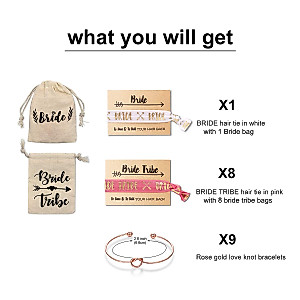 Bridemaid Love Knot Bracelets set - Mookoo 9 Set Bride Tribe Hair Tie and Bracelets Bridal Shower Cuff for Girls Women (bride tribe with 9 bags)