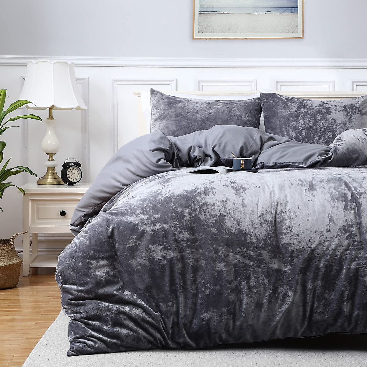 CROMIO Grey Velvet Duvet Cover King Size - Super Soft Flannel Bedding Set with Button Closure and Corner Ties - Luxurious Shimmery Comforter Cover Set for Home Decoration