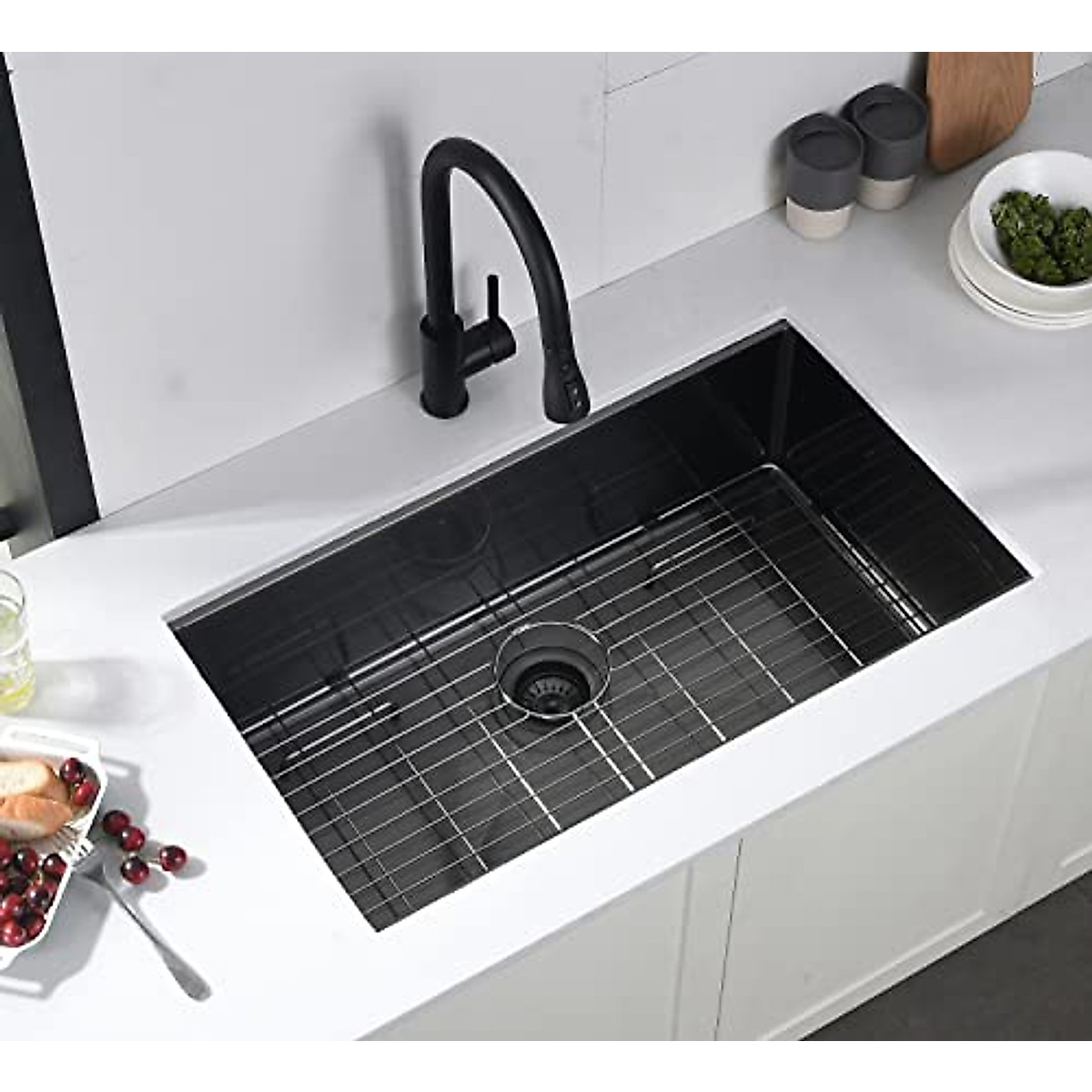 33 Black Undermount Kitchen Sink, 33x19x10 Inch 16 Gauge Black Stainless Steel Single Bowl Workstation Kitchen Sinks With Accessories BL34