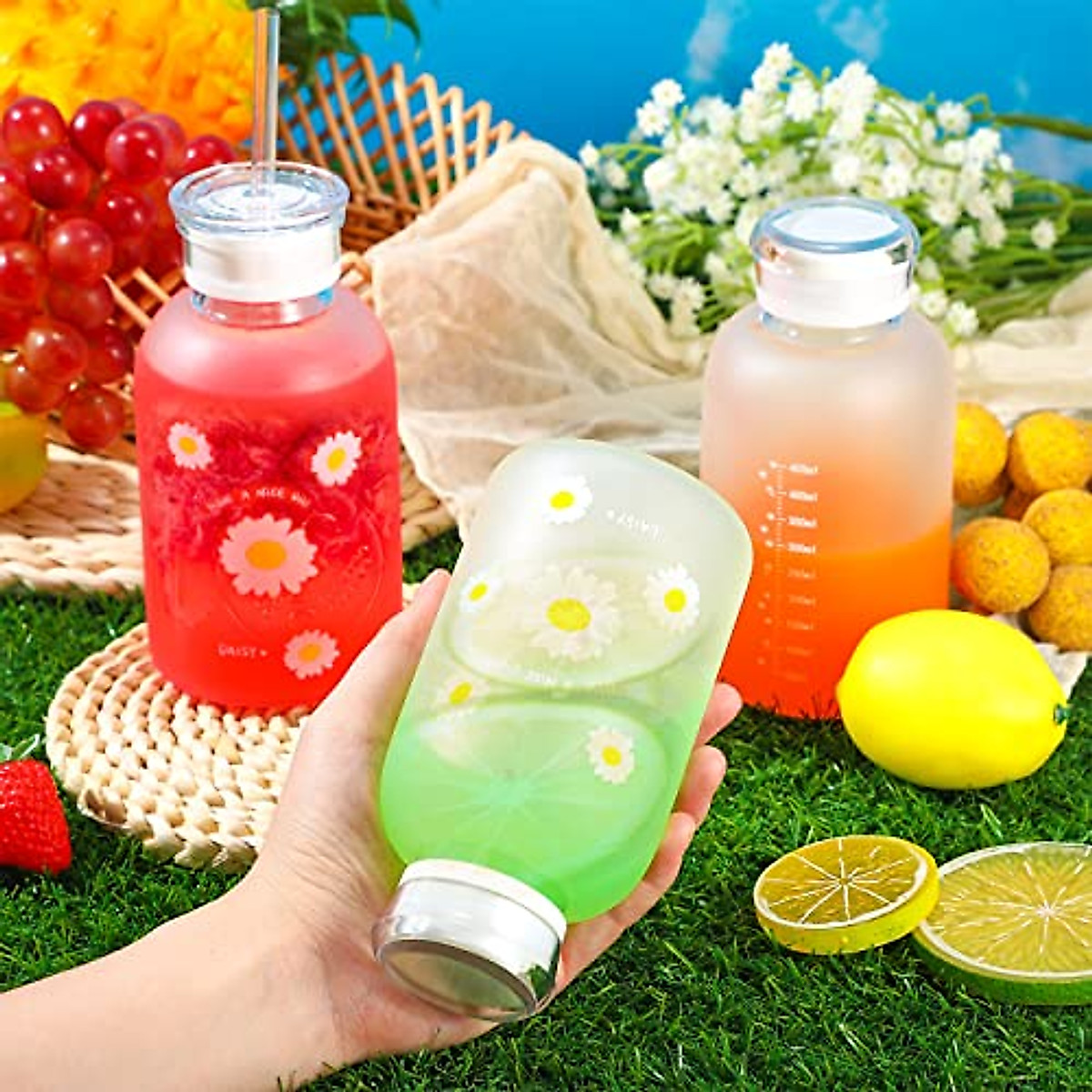 3 Pcs 480ml/16oz Cute Glass Water Bottles Reusable Aesthetic Milk Juice Water Bottles with Scale 6 Lids and 3 Straws Portable Matte Glass Cups Little Daisy Kawaii Frosted Bottles for Women Girls