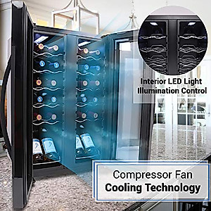 NutriChef PKCWC240 Cooler for White and Red Wines Chiller, Freestanding Compact Countertop Mini Fridge w/Digital Control, 24 Bottle Dual Zone-Black