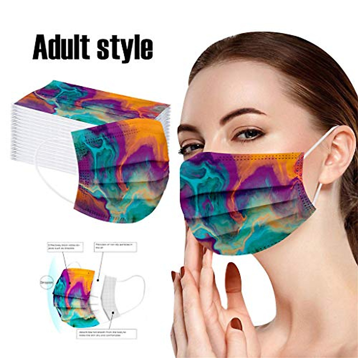 20/50/100 Pack Tie-Dye Disposable Face Protection, 3 Ply Protection Dust Women Men Breathable for Working Mowing Running Cycling Outdoor School (50 PC, Multicolor #1)