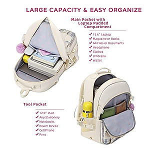 KIDNUO Backpack for Girls, 15.6 Inch Laptop School Bag Kids Kindergarten Elementary College Backpacks Large Bookbags for Teen Girls Women Students Casual Travel Daypacks (Beige)