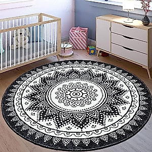 HEBE Boho Round Rugs 6Ft Washable Non Slip Round Area Rug Throw Soft Cute Round Nursery Rug Soft Fluffy Bathroom Rug Circle Rug for Bedroom Dorm Kids Room Nursery