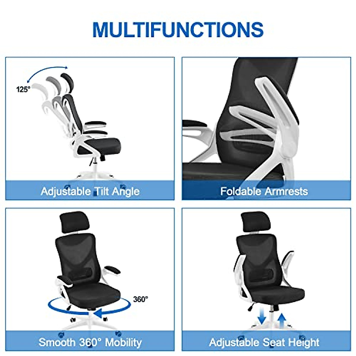 Yaheetech Ergonomic Mesh Office Chair, High Back Desk Chair with with flip-up Armrests, Adjustable Padded Headrest Computer Chair with Lumbar Support for Home Oiffce Game Room, White/Black