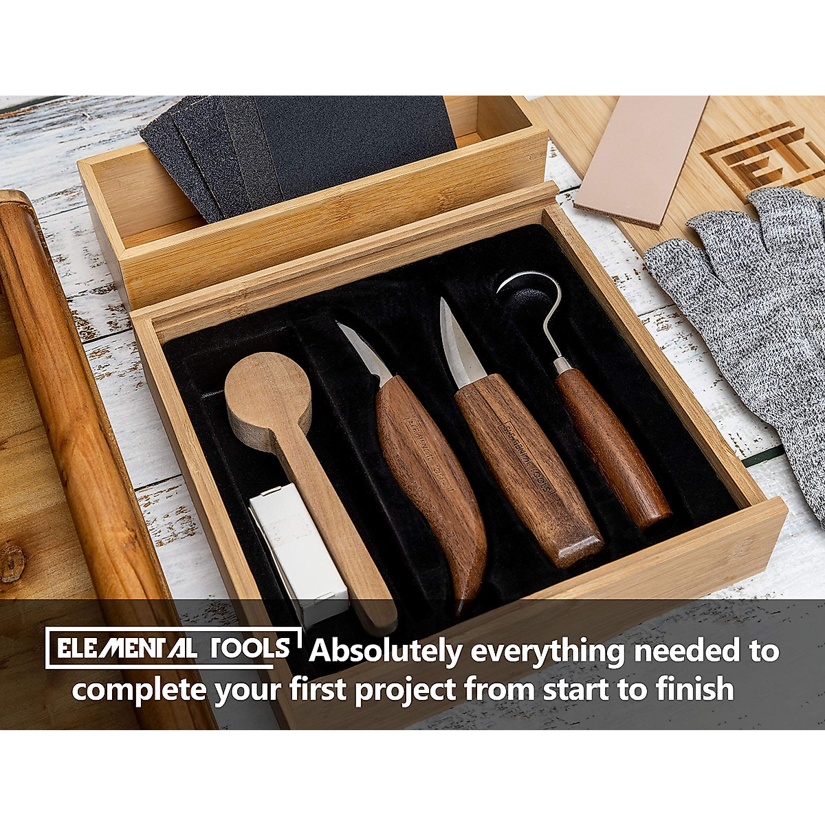 Elemental Tools 9pc Wood Carving Tools Set - Hook Carving Knife, Whittling Knife, Detail Wood Carving Knife For Spoon, Bowl, Kuksa Cup Or General Woodwork - Bonus Cut Resistant Gloves And Bamboo Box